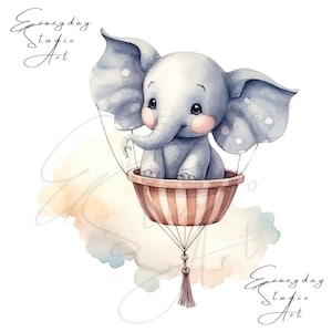 Cute Elephant Watercolor, First Birthday Hot Air Balloon Watercolor ...