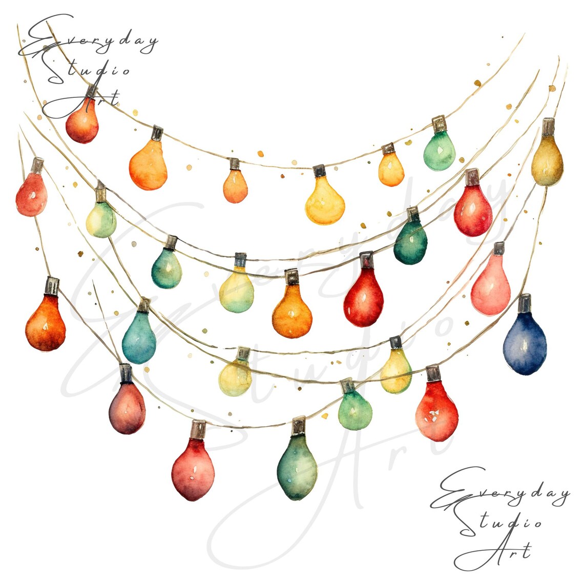 Christmas String Lights Watercolor Clipart, 12 PNG High Quality ...