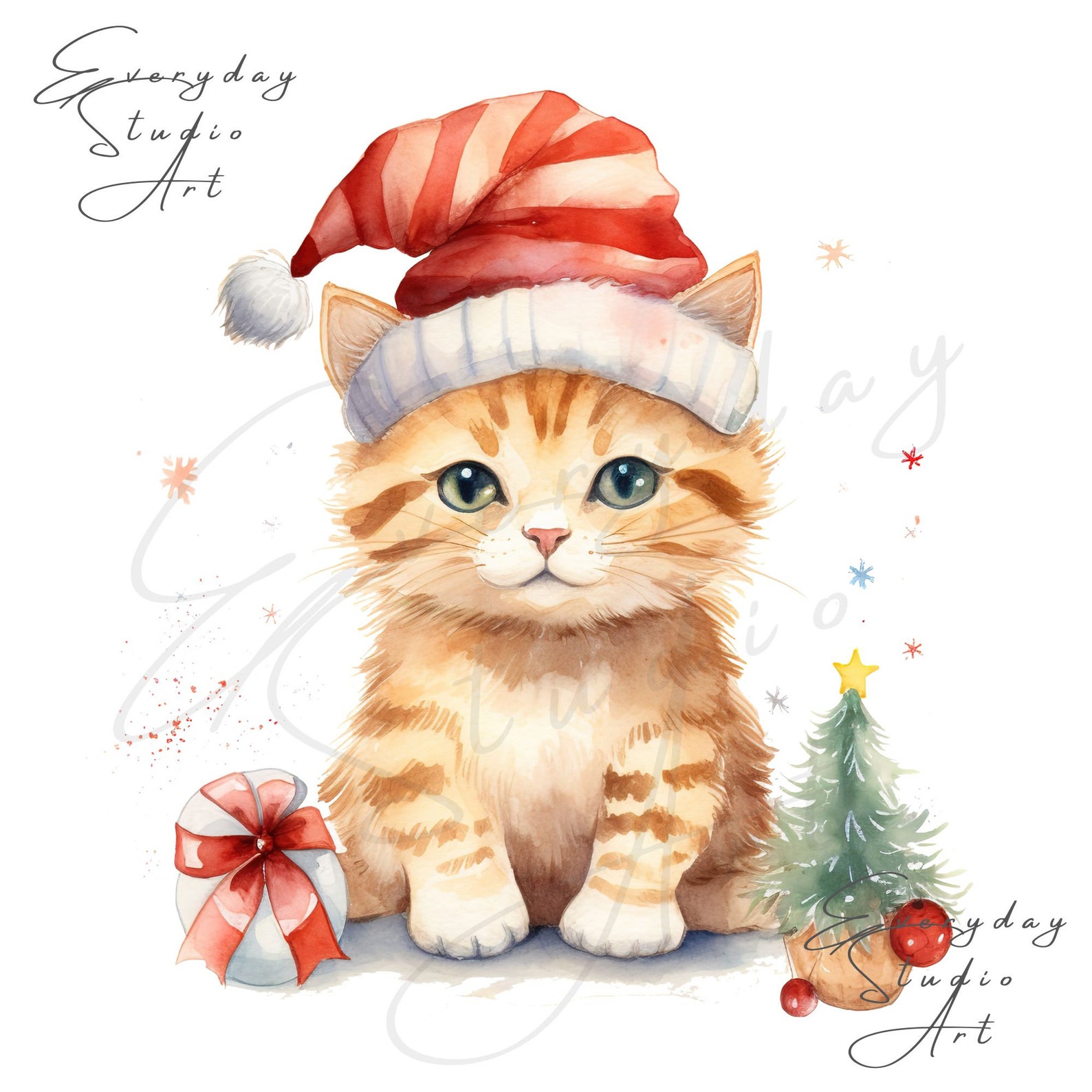 Cute Christmas Cat Watercolor Clipart Bundle, 10 PNG High Quality ...