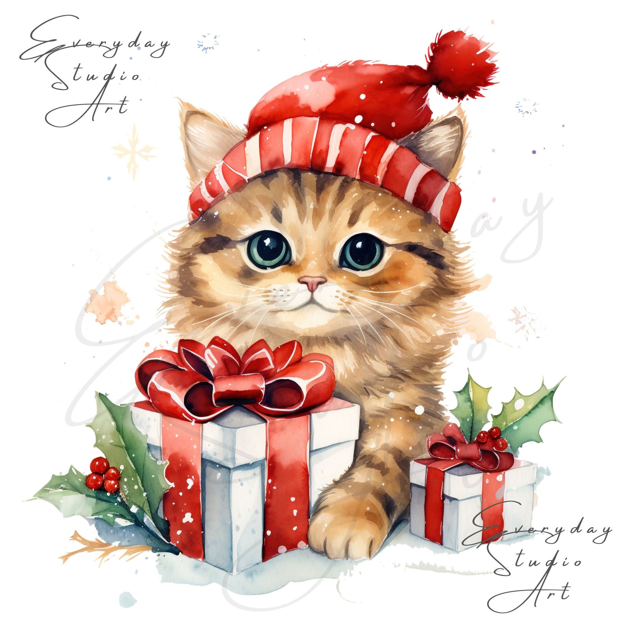 Cute Christmas Cat Watercolor Clipart Bundle, 10 PNG High Quality ...