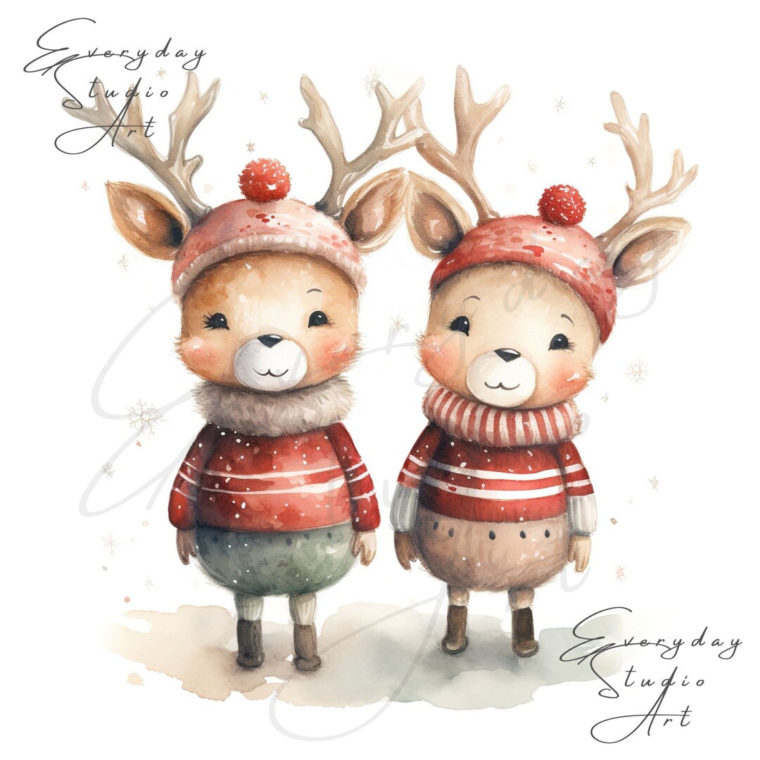 Christmas Reindeer Watercolor Clipart, 8 PNG High Quality, Digital ...