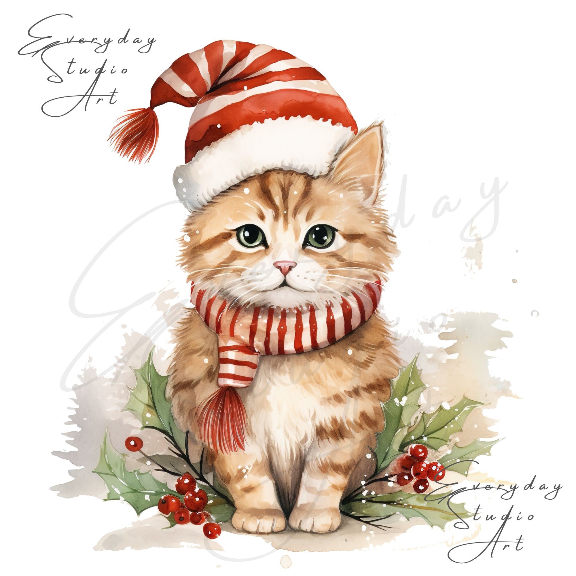 Cute Christmas Cat Watercolor Clipart Bundle, 10 PNG High Quality ...