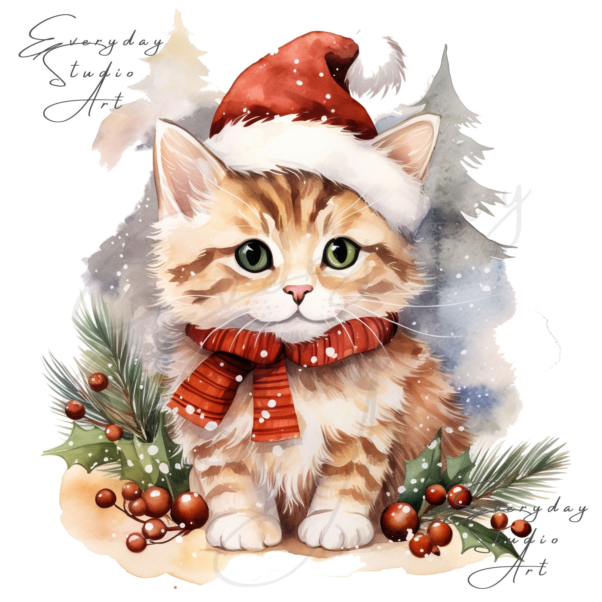 Cute Christmas Cat Watercolor Clipart Bundle, 10 PNG High Quality ...