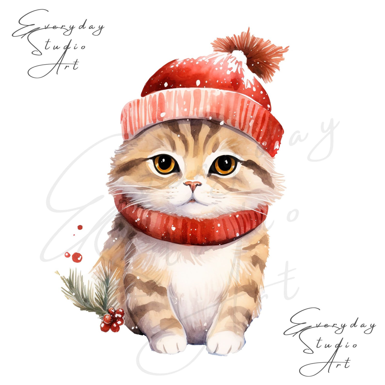 Cute Christmas Cat Watercolor Clipart Bundle, 10 PNG High Quality ...