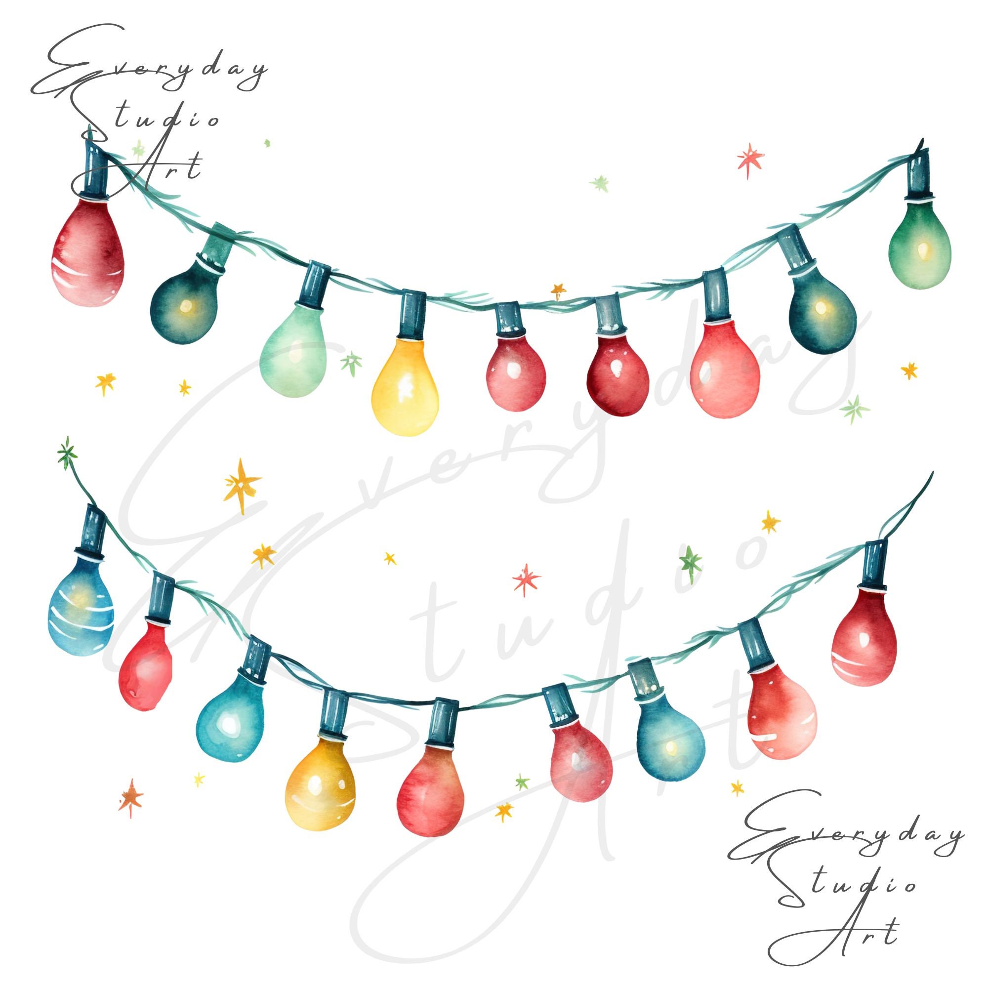 Christmas String Lights Watercolor Clipart, 12 PNG High Quality ...