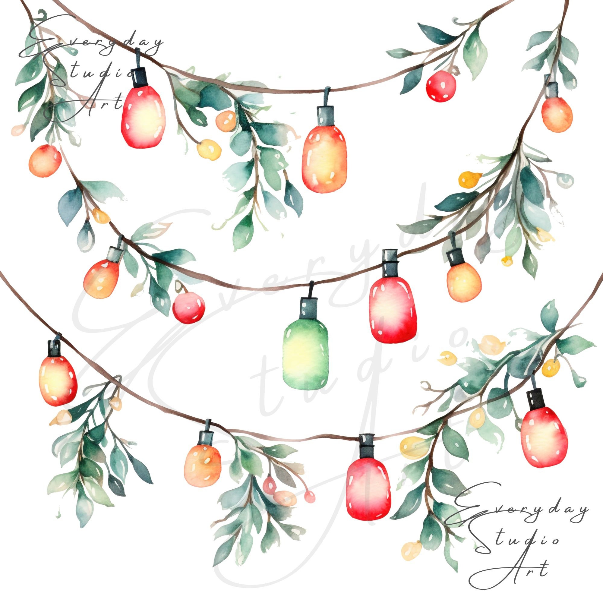 Christmas String Lights Watercolor Clipart, 12 PNG High Quality ...