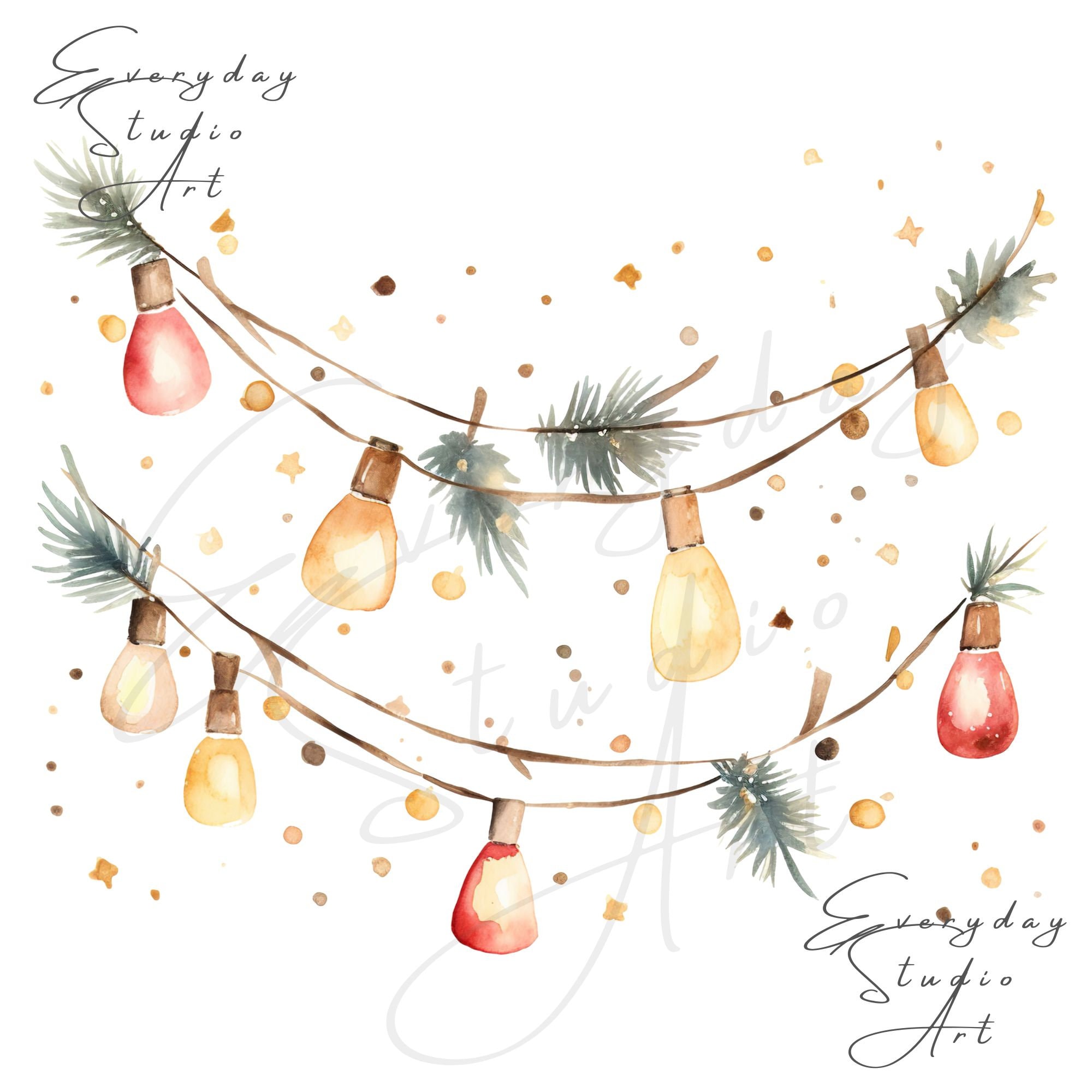 Christmas String Lights Watercolor Clipart, 12 PNG High Quality ...