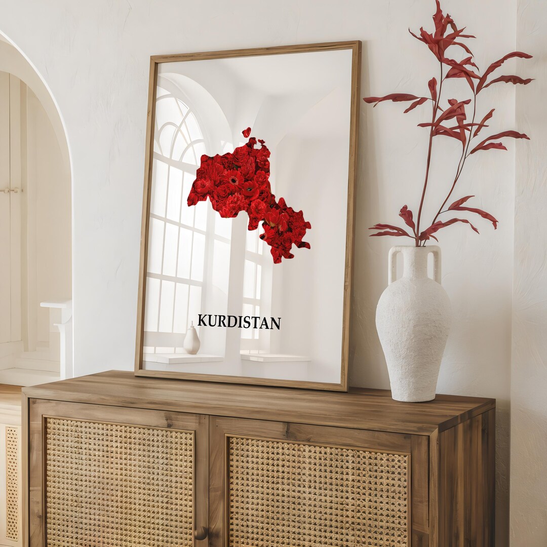 Kurdistan Poster – Floral Map in Red | Modern Kurdish Wall Art ...
