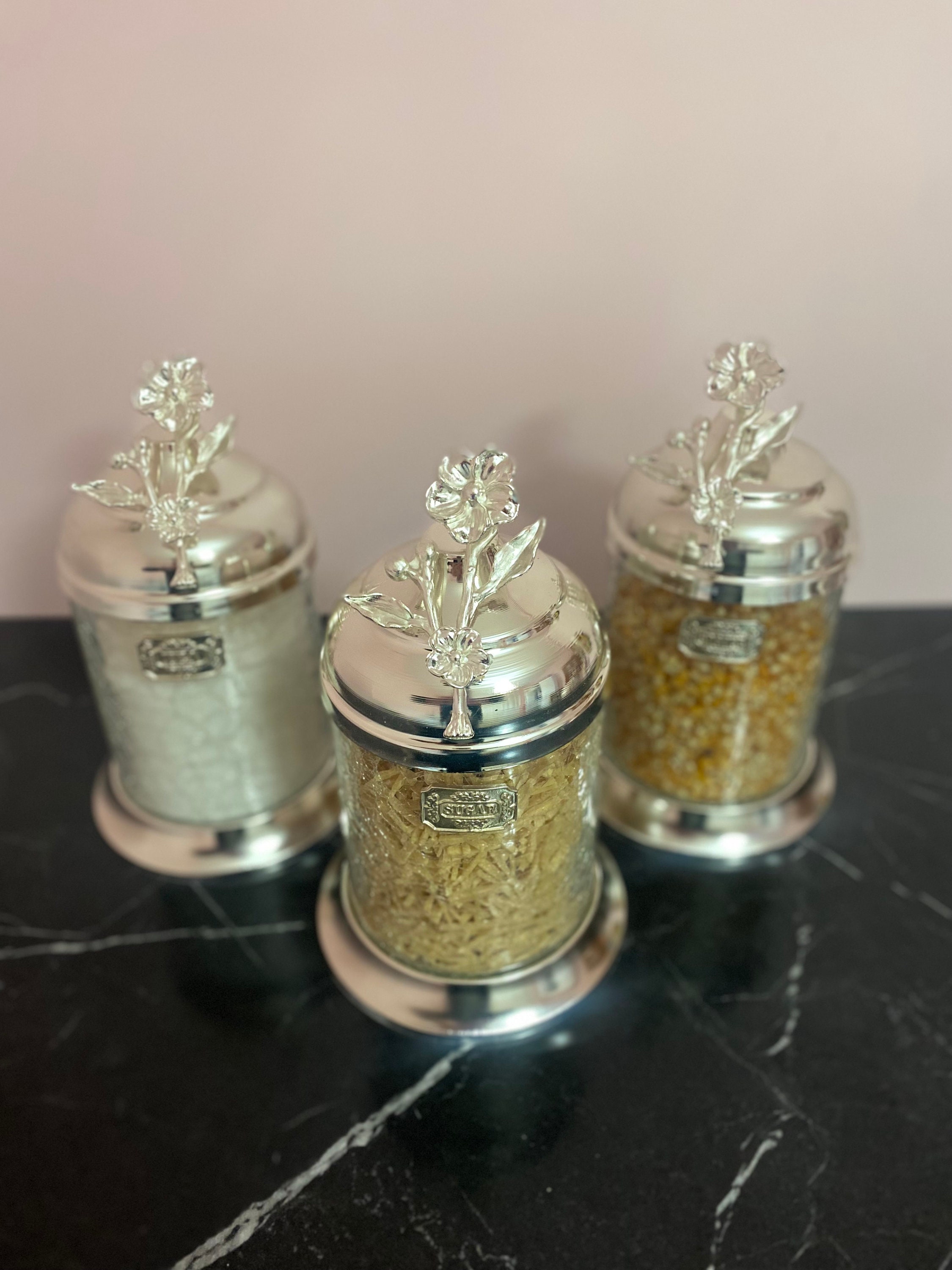 Set of 3 Silver Glass Jars With Japanese Rose Motif for Tea , Coffe and ...