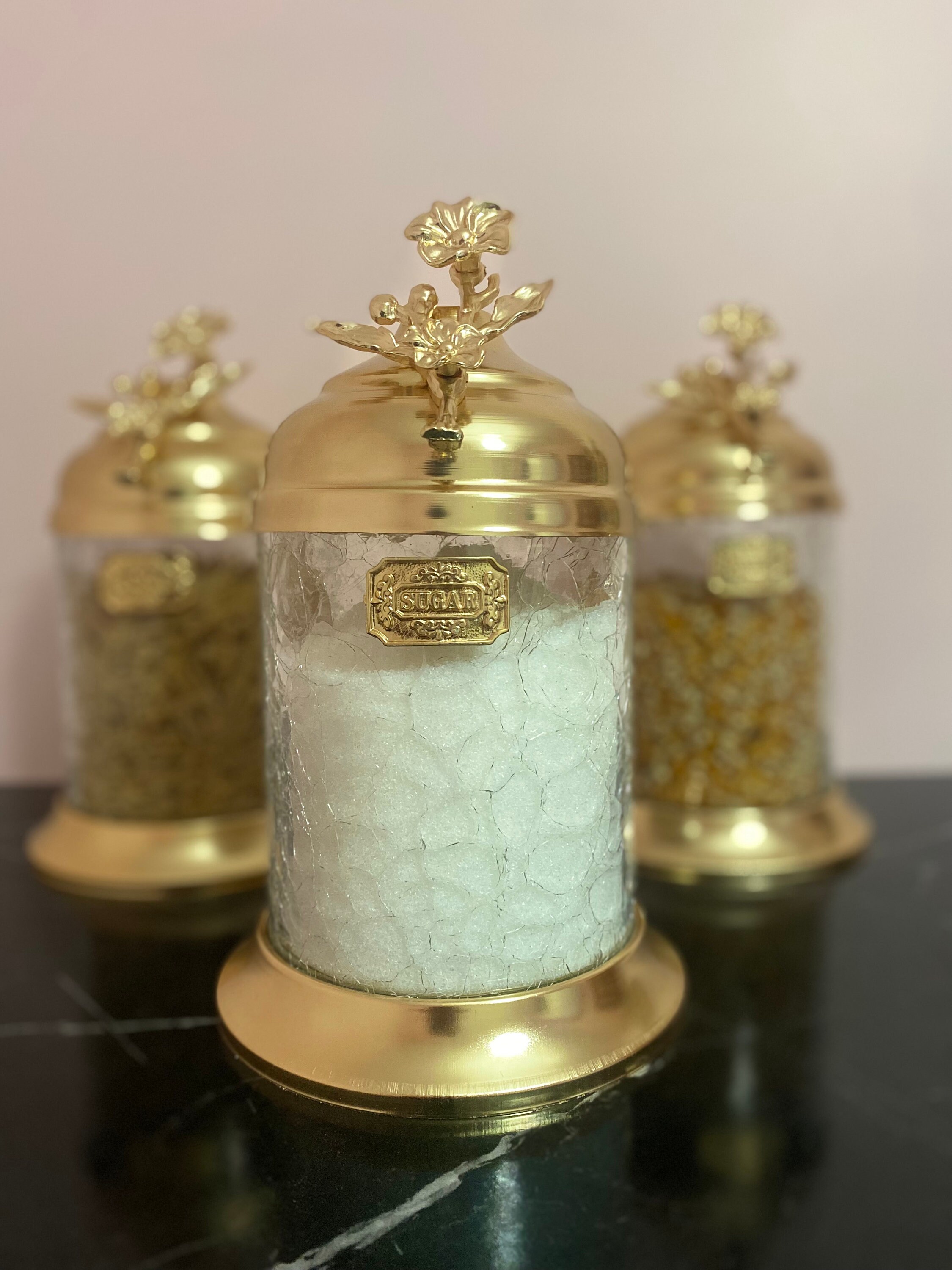 Set of 3 Silver Glass Jars With Japanese Rose Motif for Tea , Coffe and ...