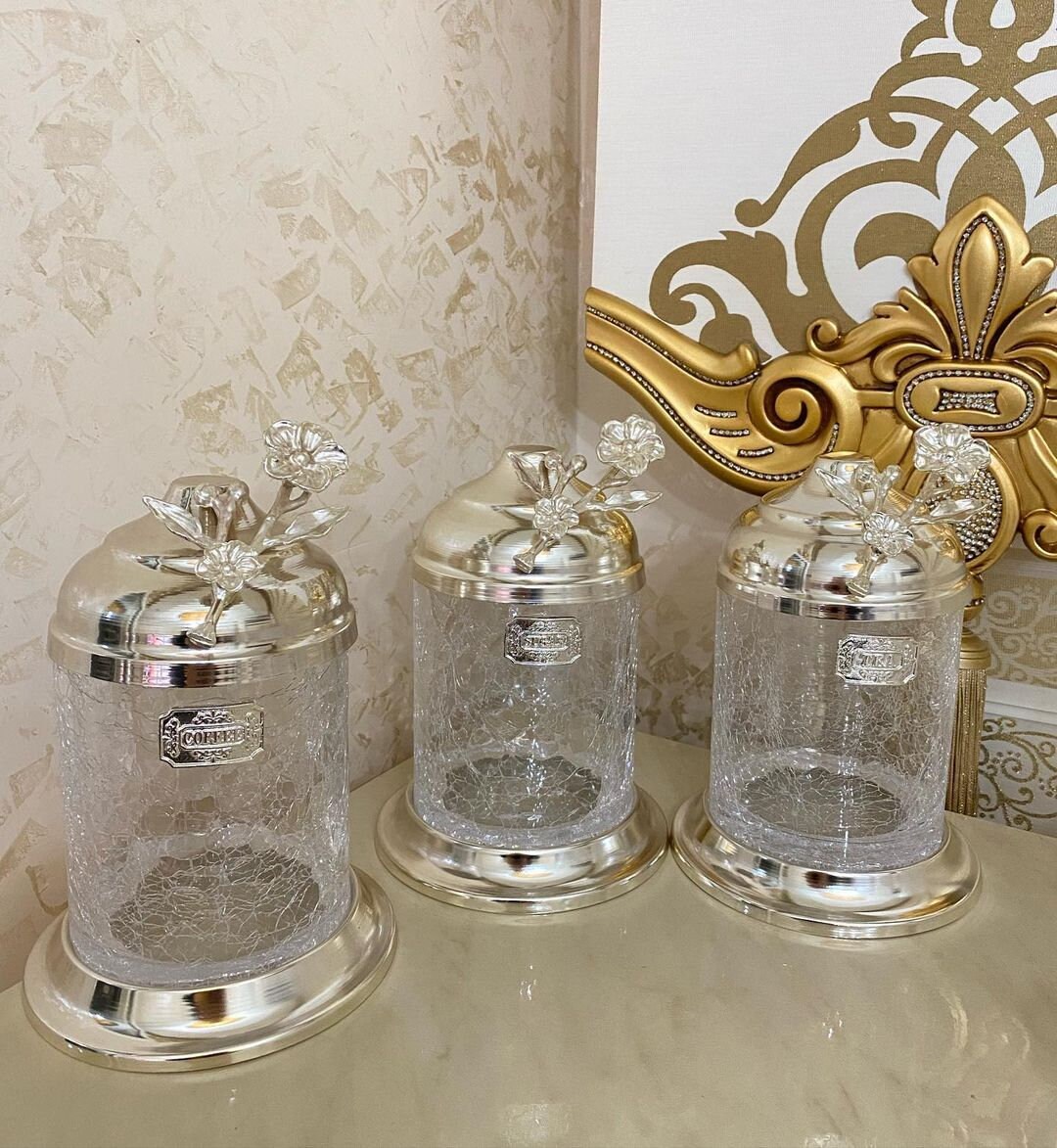 Set of 3 Silver Glass Jars With Japanese Rose Motif for Tea , Coffe and ...