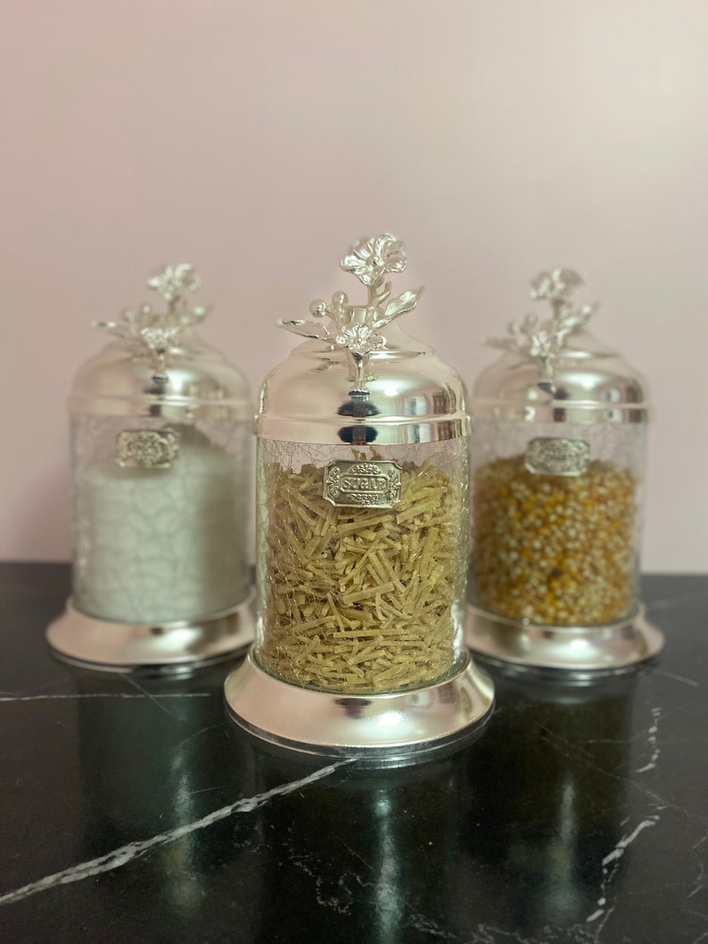 Set of 3 Silver Glass Jars With Japanese Rose Motif for Tea , Coffe and ...