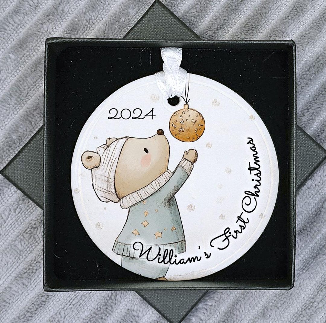 Personalised First Baby Christmas Decoration, Double-sided Bear ...