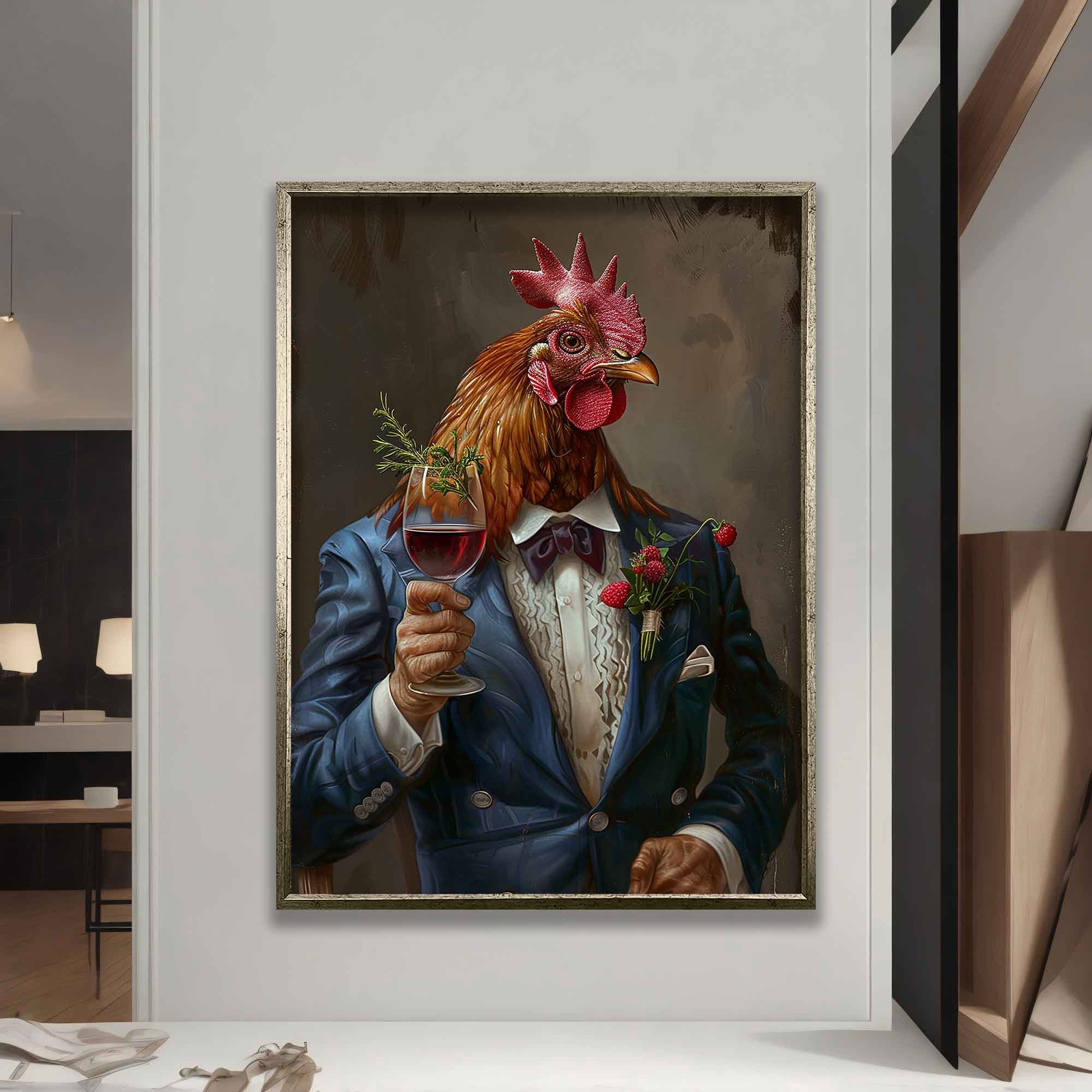 Anthropomorphic Chicken in Blue Suit Holding Glass Canvas Painting - Etsy
