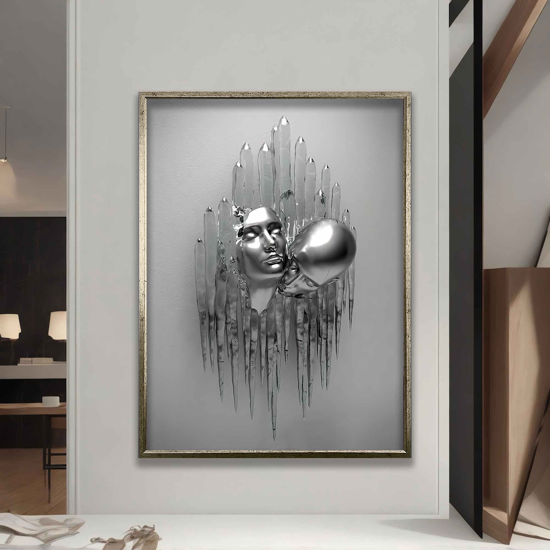Silver Kissing Heads Canvas, Sculpture Heads Love Painting, Sculpture ...