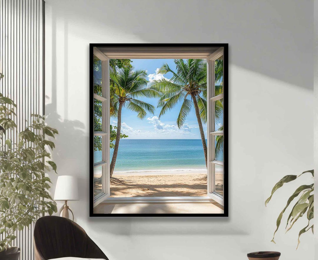 Sea View Fake Window Canvas Painting, Relaxing Wall Art, Sea View ...