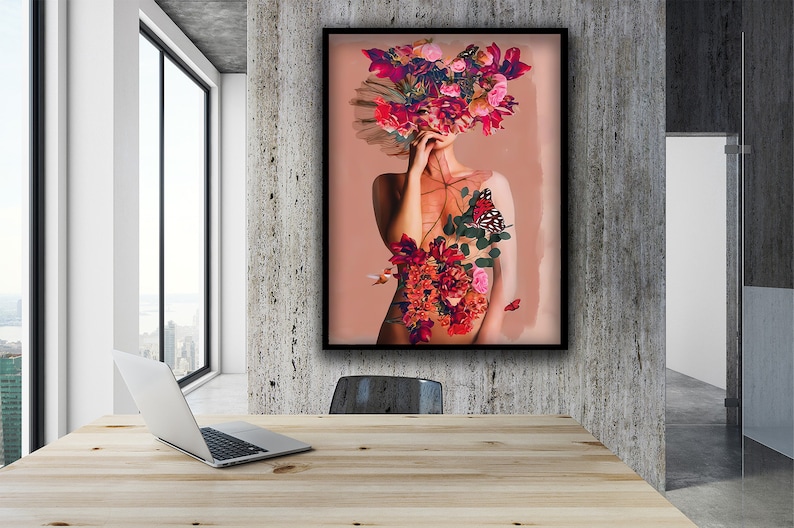 Woman With Flower Head Painting, Colorful Woman Portrait, Woman With ...