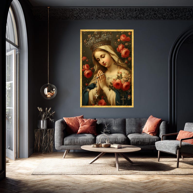 Madona em oração com coroa e rosas, arte religiosa em tela para parede ...