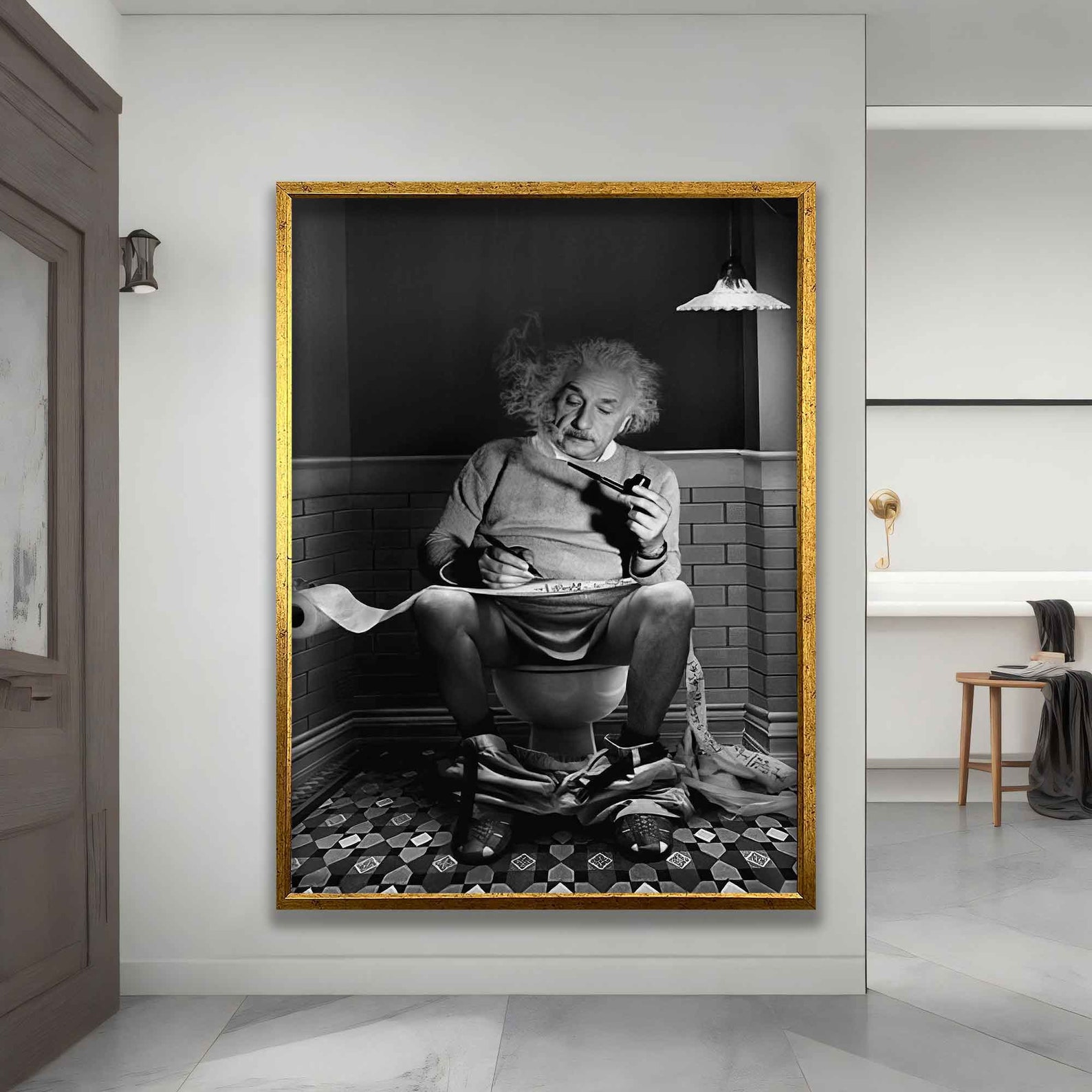 Einstein in the Toilet Black and White Canvas Painting, Einstein Canvas ...