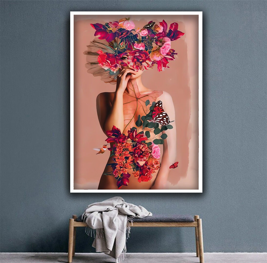 Woman With Flower Head Painting, Colorful Woman Portrait, Woman With ...