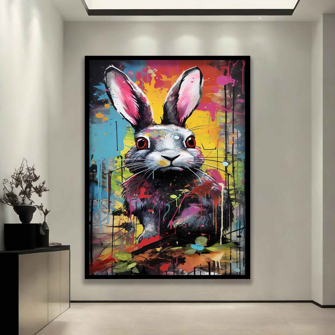 Banksy Graffiti Rabbit Canvas Painting, Colorful Rabbit Wall Art ...