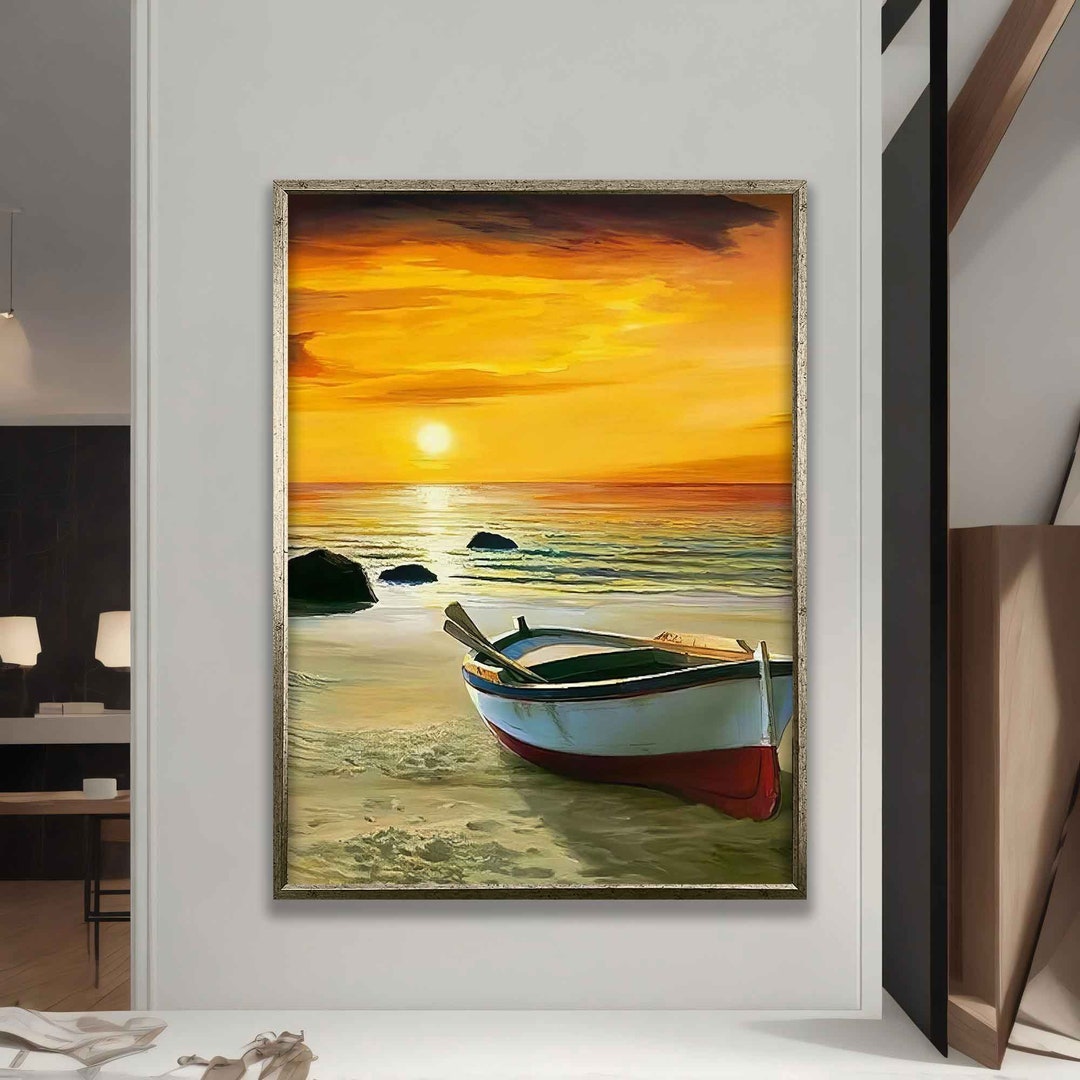 Boat Canvas Painting, Ship at Sunset Art, Landscape Boat Painting, Boat ...