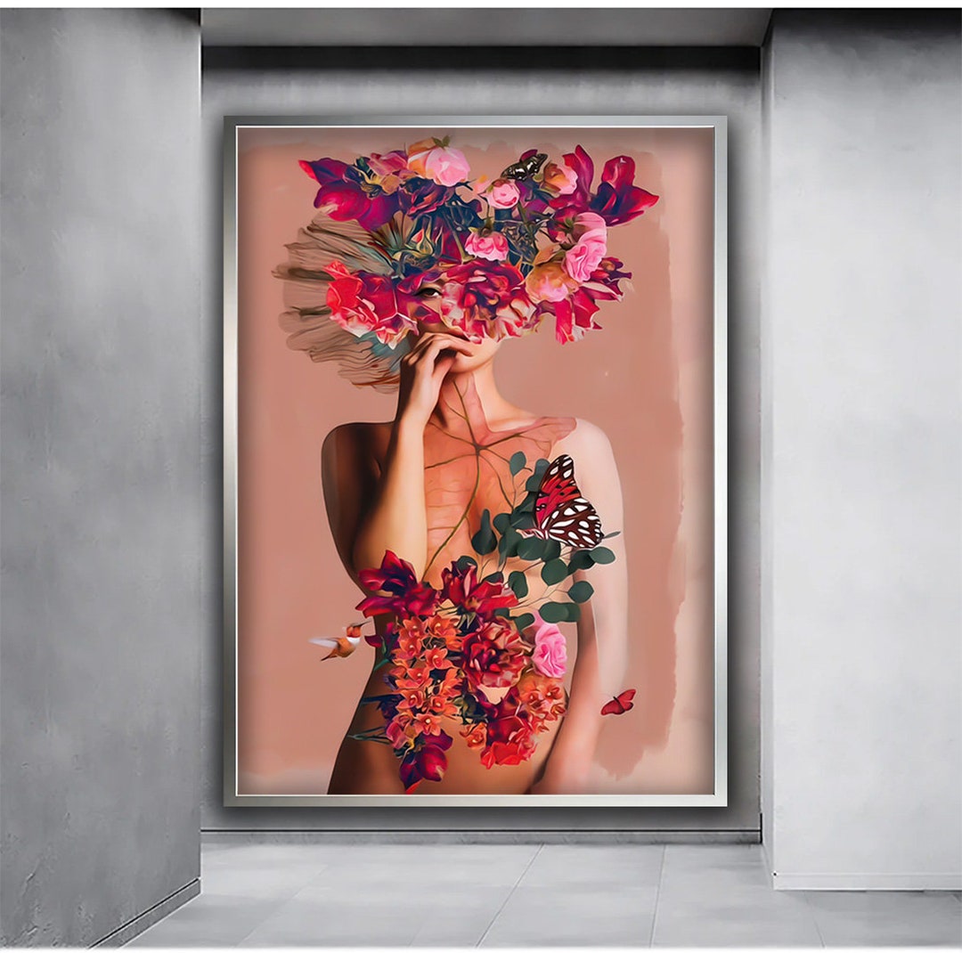 Woman With Flower Head Painting, Colorful Woman Portrait, Woman With ...