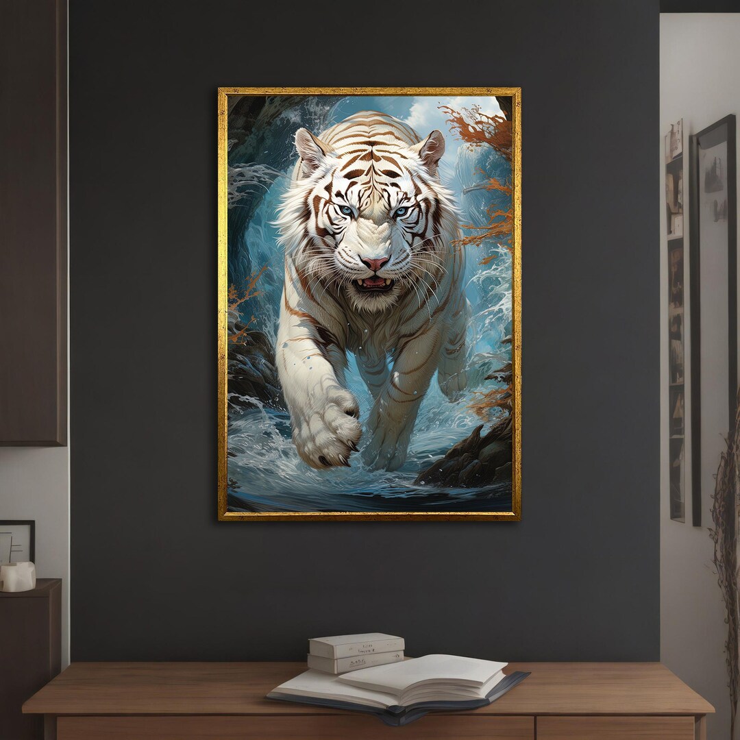 White Tiger Art Print, Tiger in the Forest, Walking Tiger Decor, Modern ...