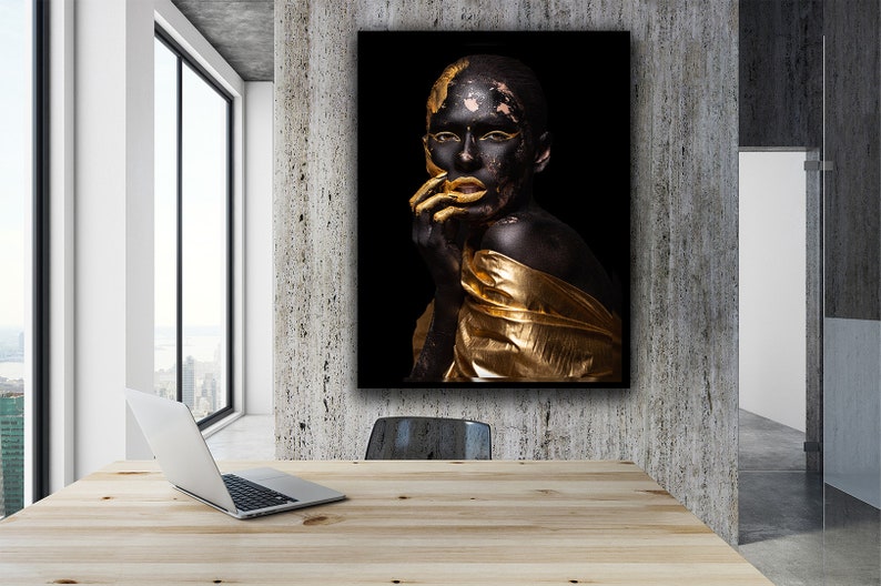 African Woman With Gold Glitter Canvas Painting, African Woman With Gold Makeup, African Woman ...