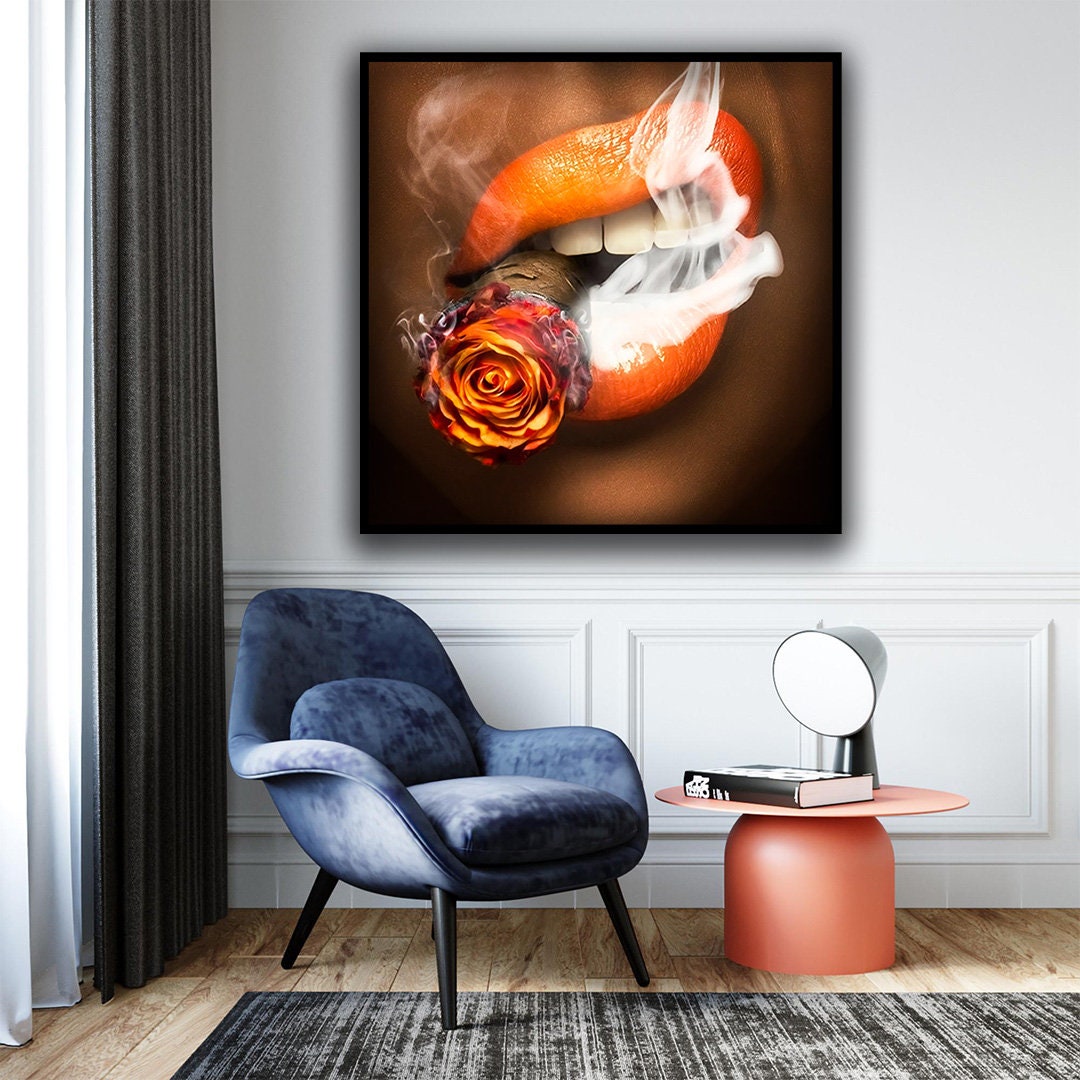 Smoking Woman Poster, Lips Money Cigar Canvas Unique Design, Wall Art ...