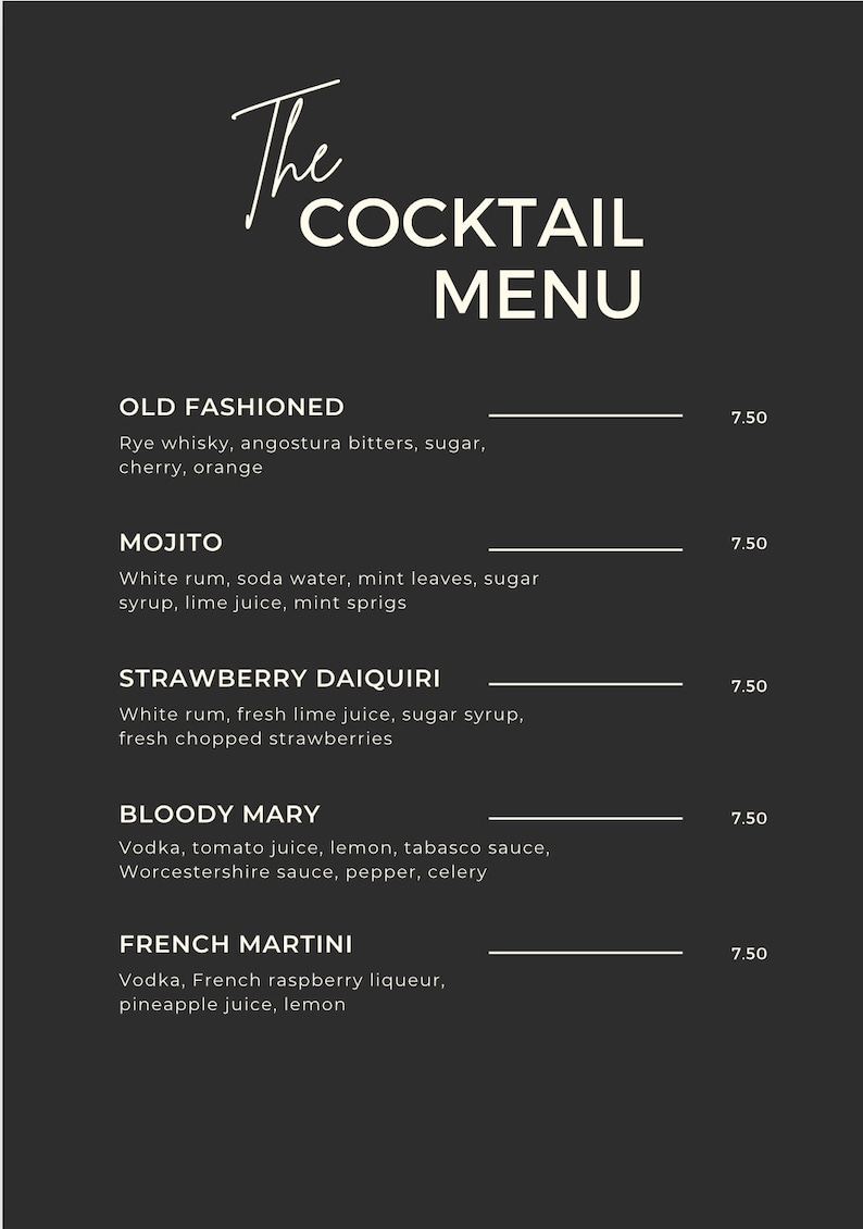 Printable Cocktail Menu Template - Etsy