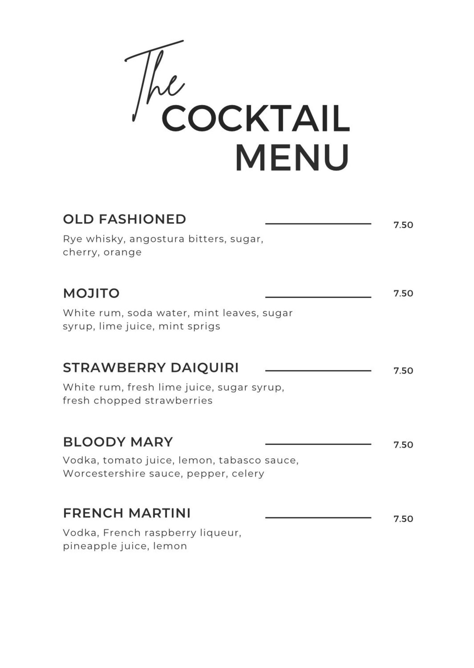 Printable Cocktail Menu Template - Etsy