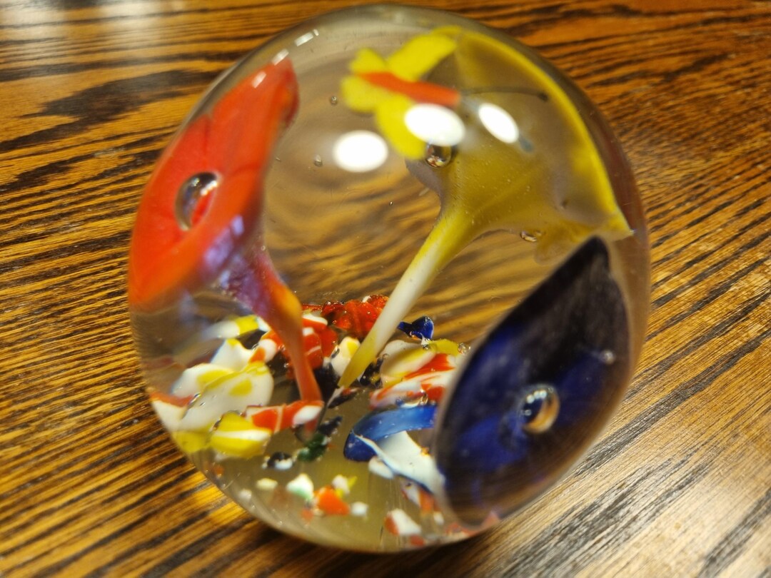 Vintage Heavy Art Glass Paperweight With 3 Flowers and a Butterfly in ...