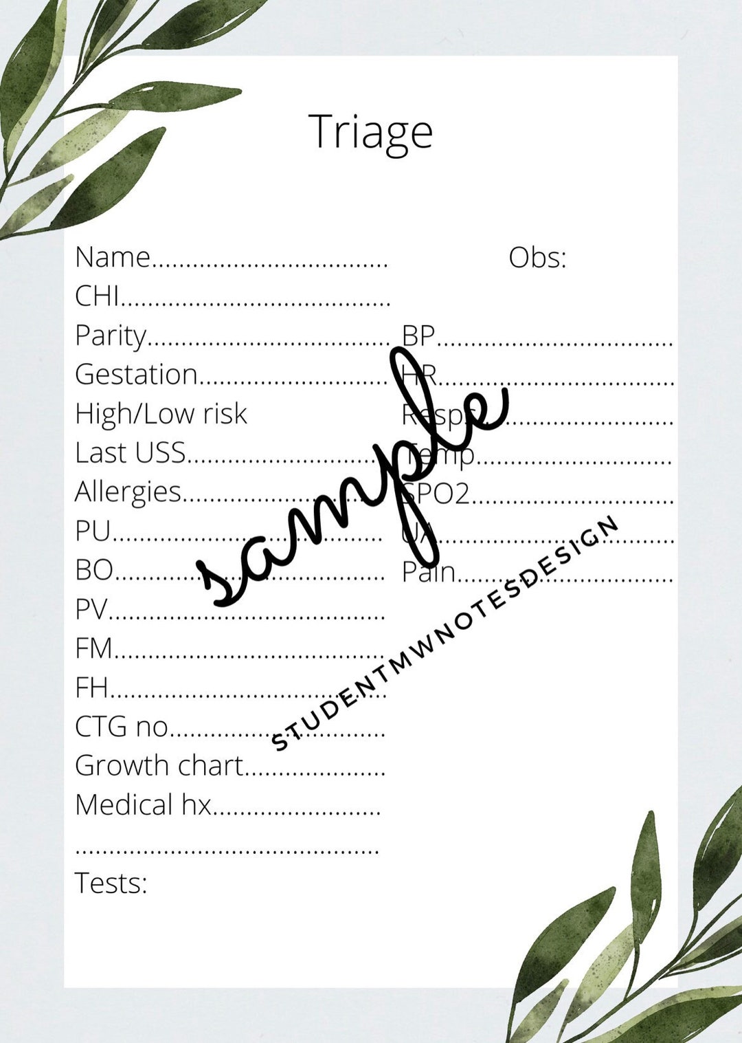 Midwifery: Triage / Mat Assessment Notes - Etsy