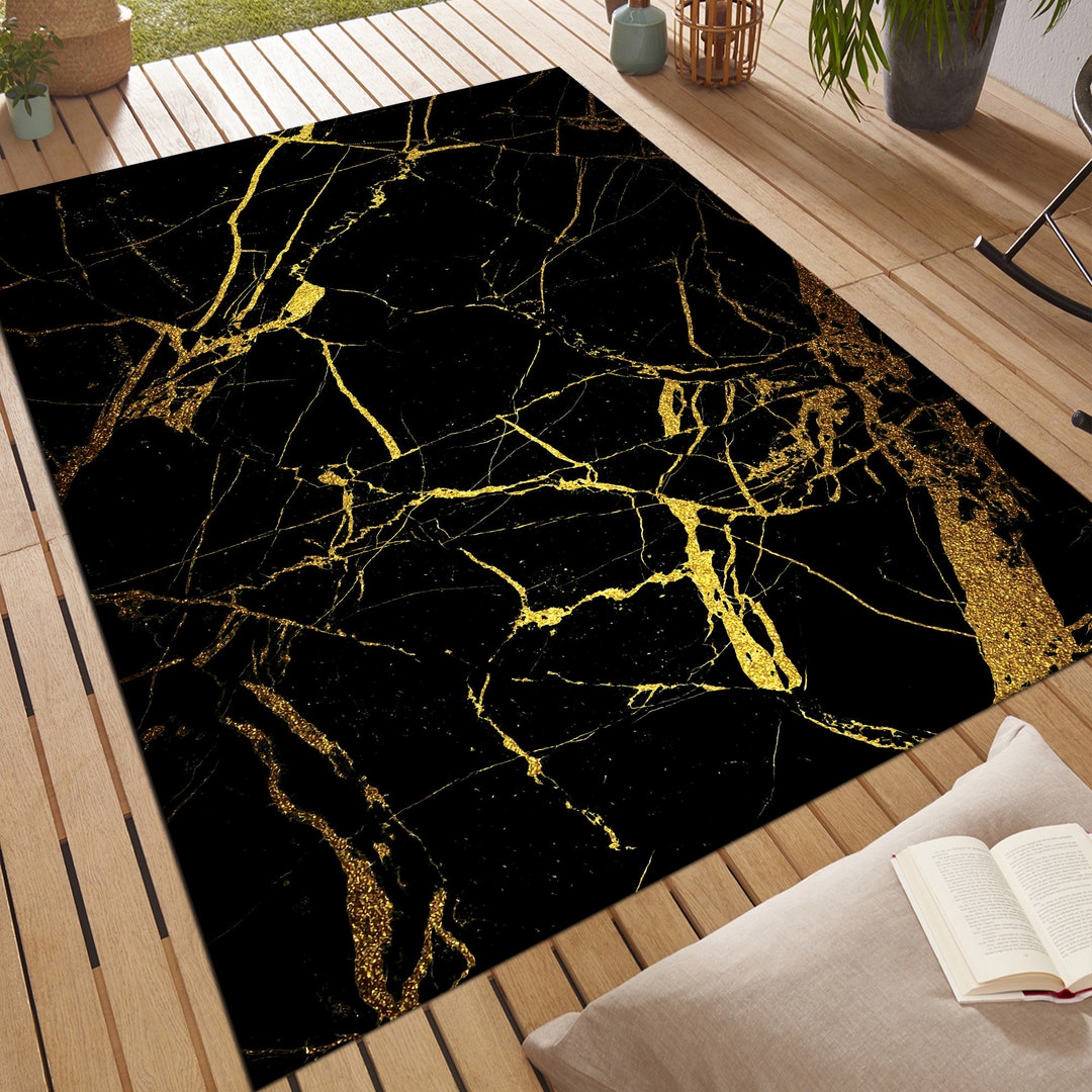 Black Marble Rug, Black Gold Rug, Gold Marble Rug,saloon Rug, Home ...