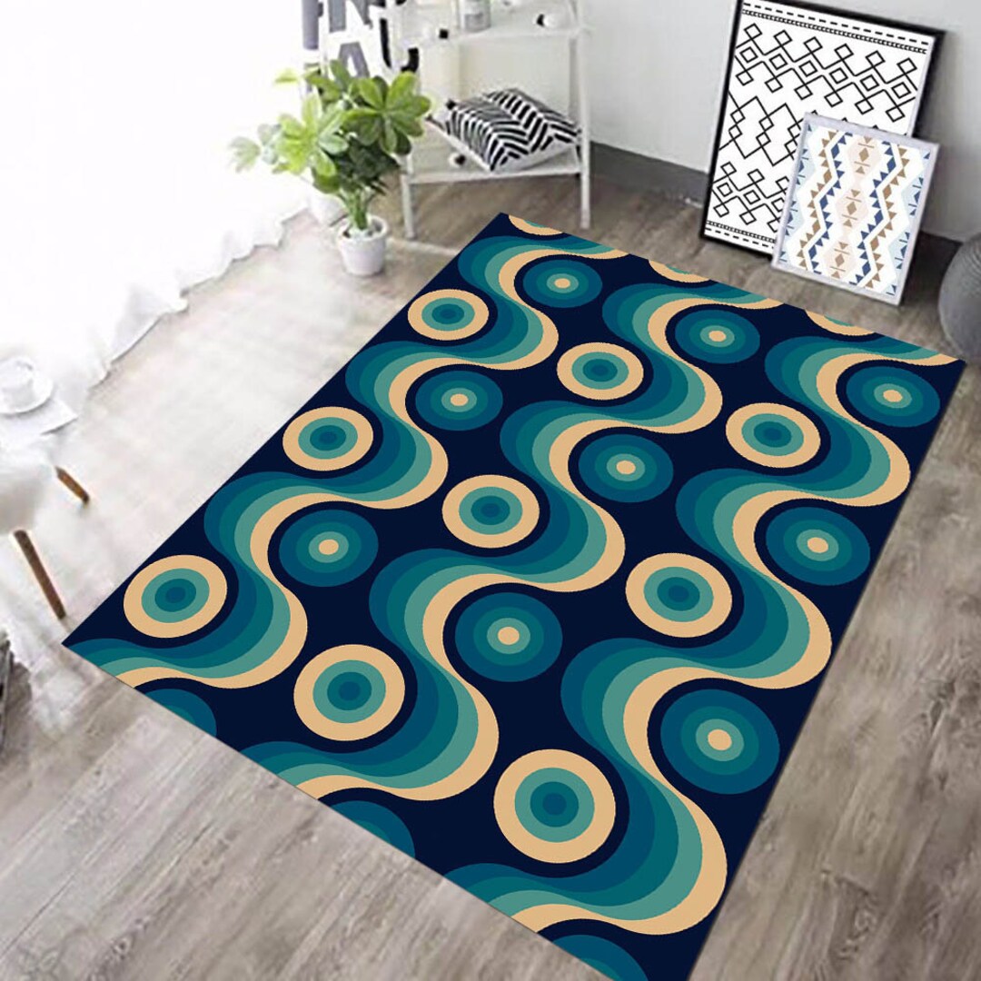 Blue Rug, Retro Geometric Rug, Psychedelic Rug, Groovy 70s Rug, Wavy ...