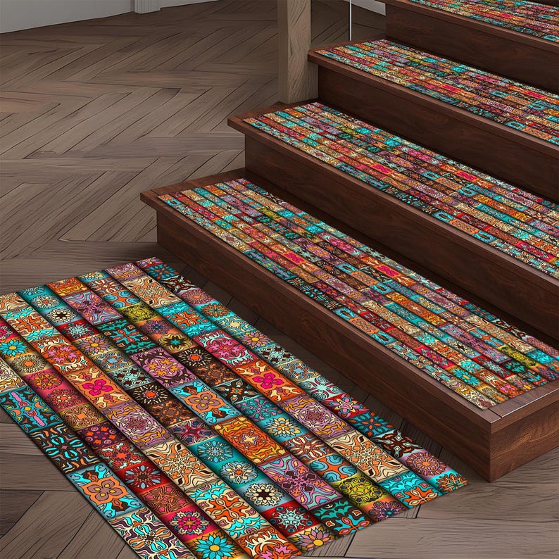 Bohemian Patchwork Stair Rugs, Tribal Mandala Pattern Carpet, Chenille ...