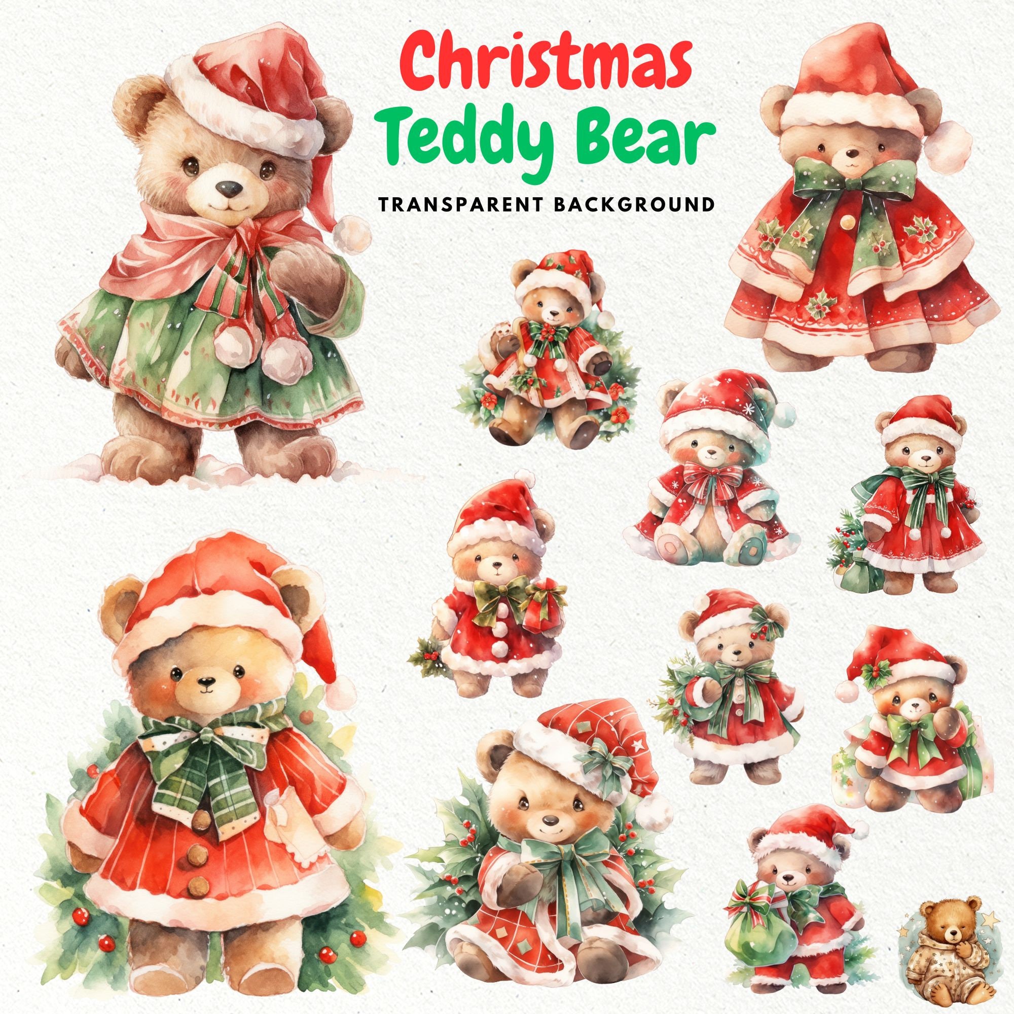 Watercolor Christmas Teddy Bear Clipart, Christmas Animals PNG ...