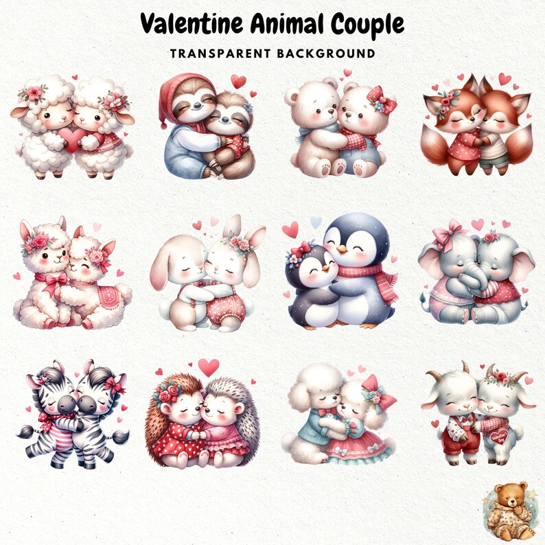 Valentine Animal Couple, 24 Animal Couple PNG, Woodland Animal ...