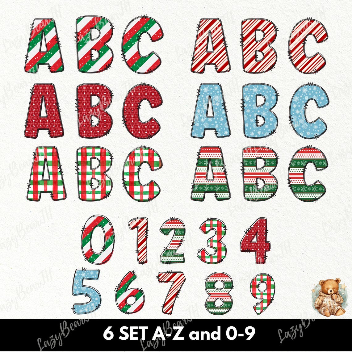 Christmas Doodle Alphabet PNG, 6 Set A-Z Letters, 0-9 Numbers and 20 ...