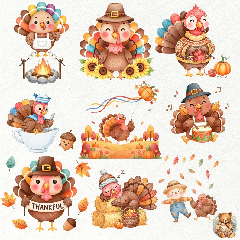 Cute Turkey Clipart Watercolor | Thanksgiving Fall Animal Illustration ...