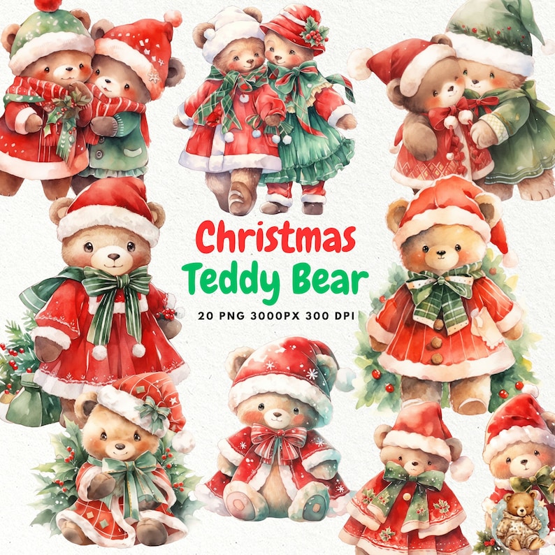 Watercolor Christmas Teddy Bear Clipart, Christmas Animals PNG ...