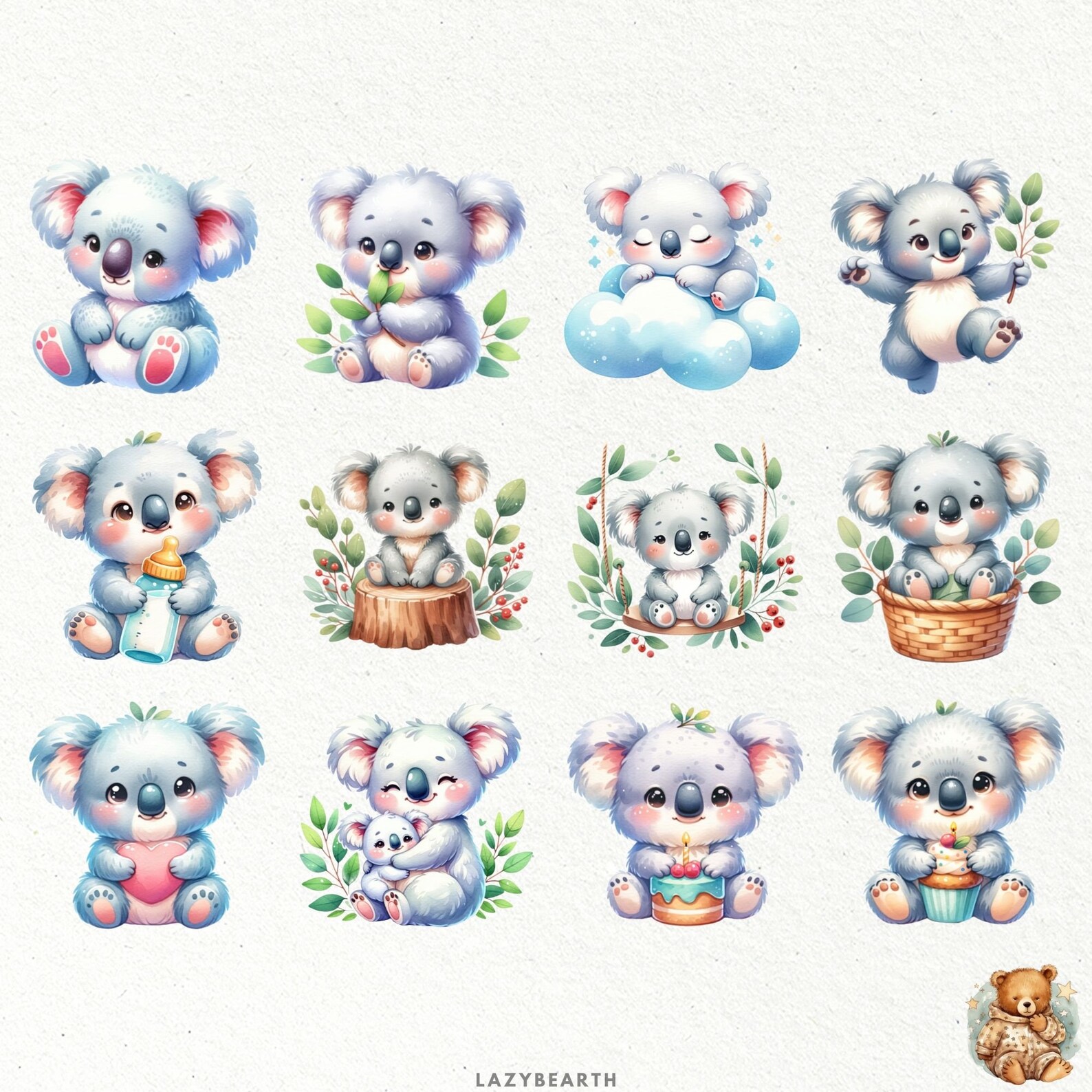 Baby Koala Clipart, 28 Cute Watercolor Baby Koala PNG Clipart ...