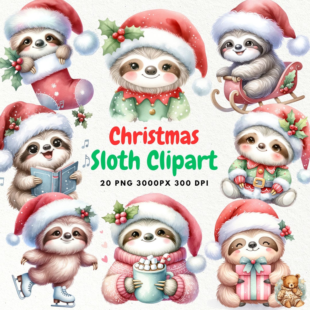 Christmas Sloth Clipart, Christmas Sloth PNG, Watercolor Sloth Clipart ...