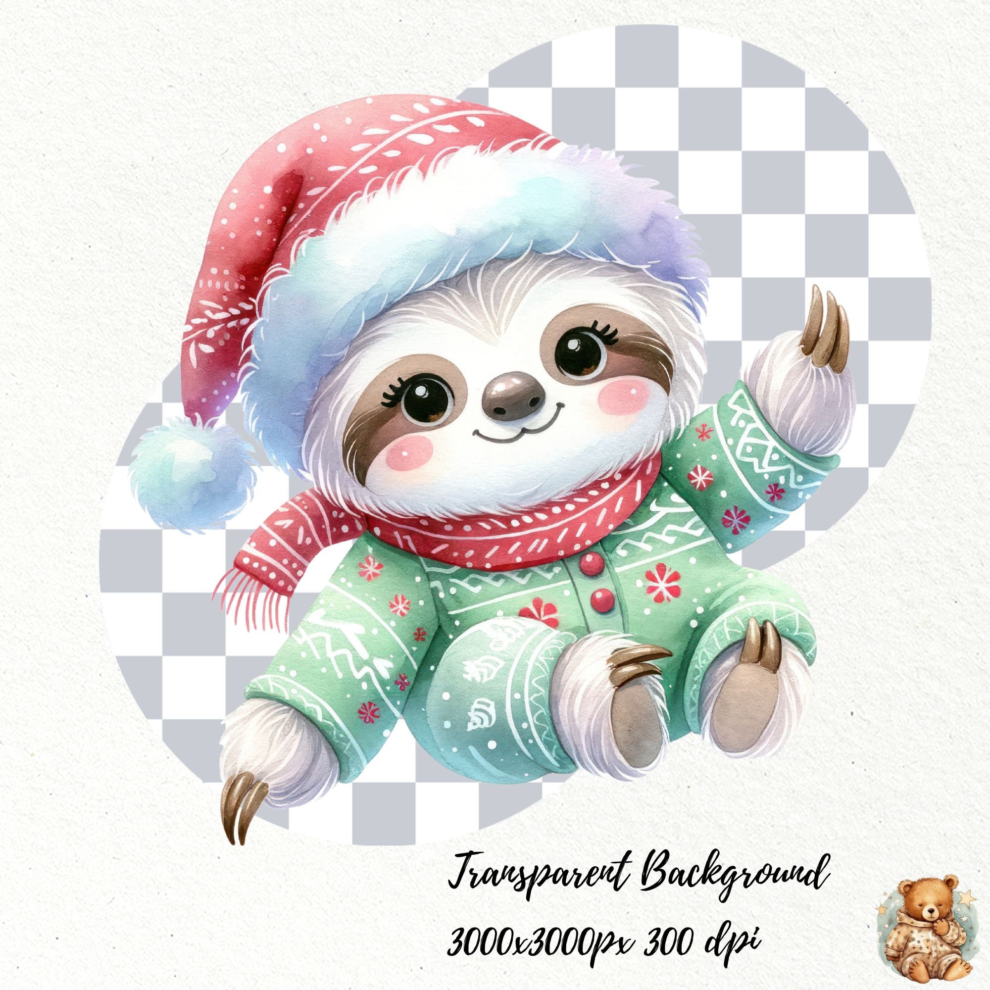 Christmas Sloth Clipart, Christmas Sloth PNG, Watercolor Sloth Clipart ...