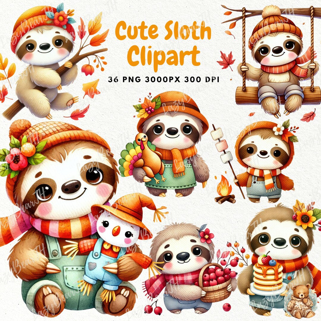 Cute Sloth Clipart, 36 Watercolor Sloth PNG, Cute Nursery Decor, Autumn ...