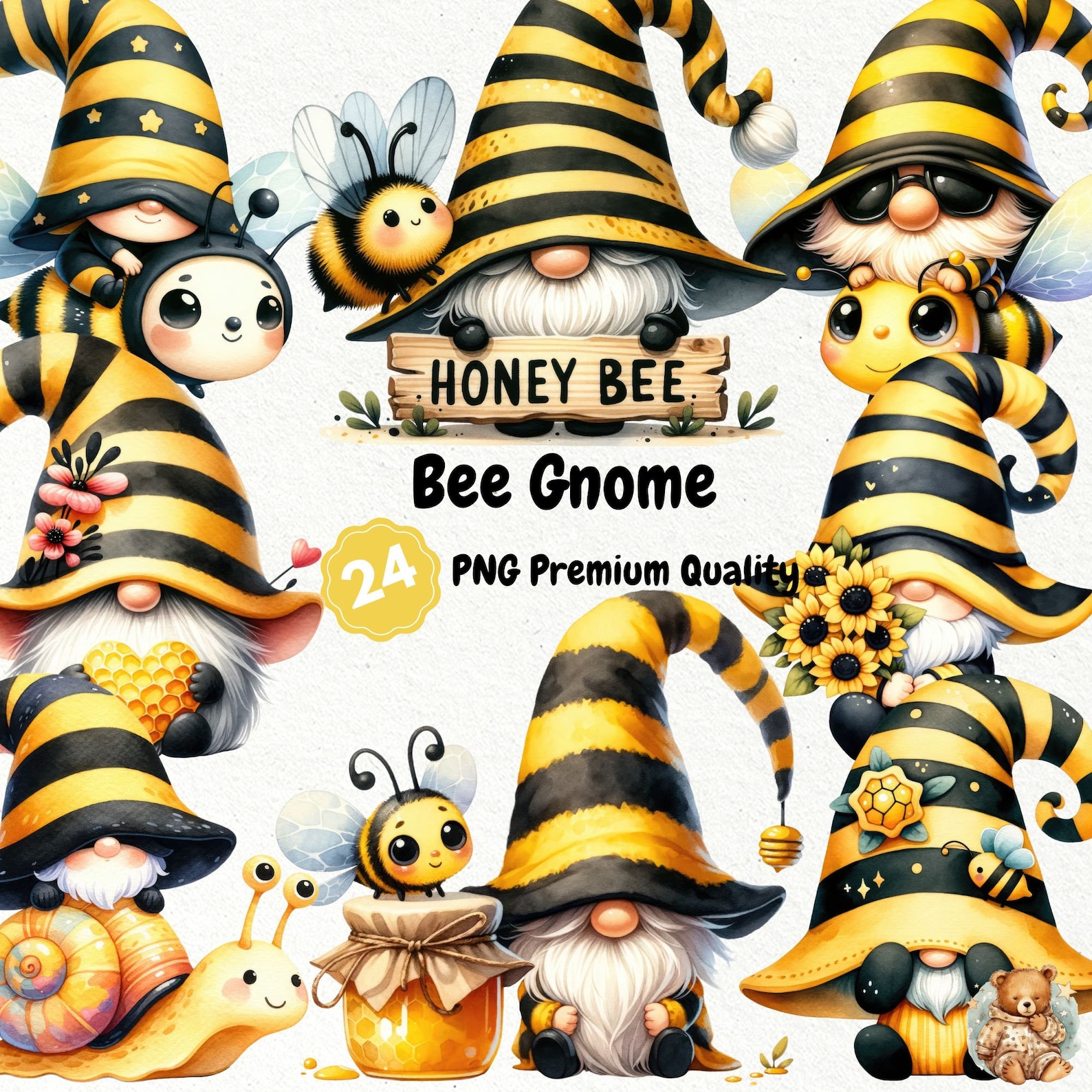 Bee Gnome, 24 Bumble Bee Gnome, Watercolor Gnome Clipart, Bee Gnome PNG ...