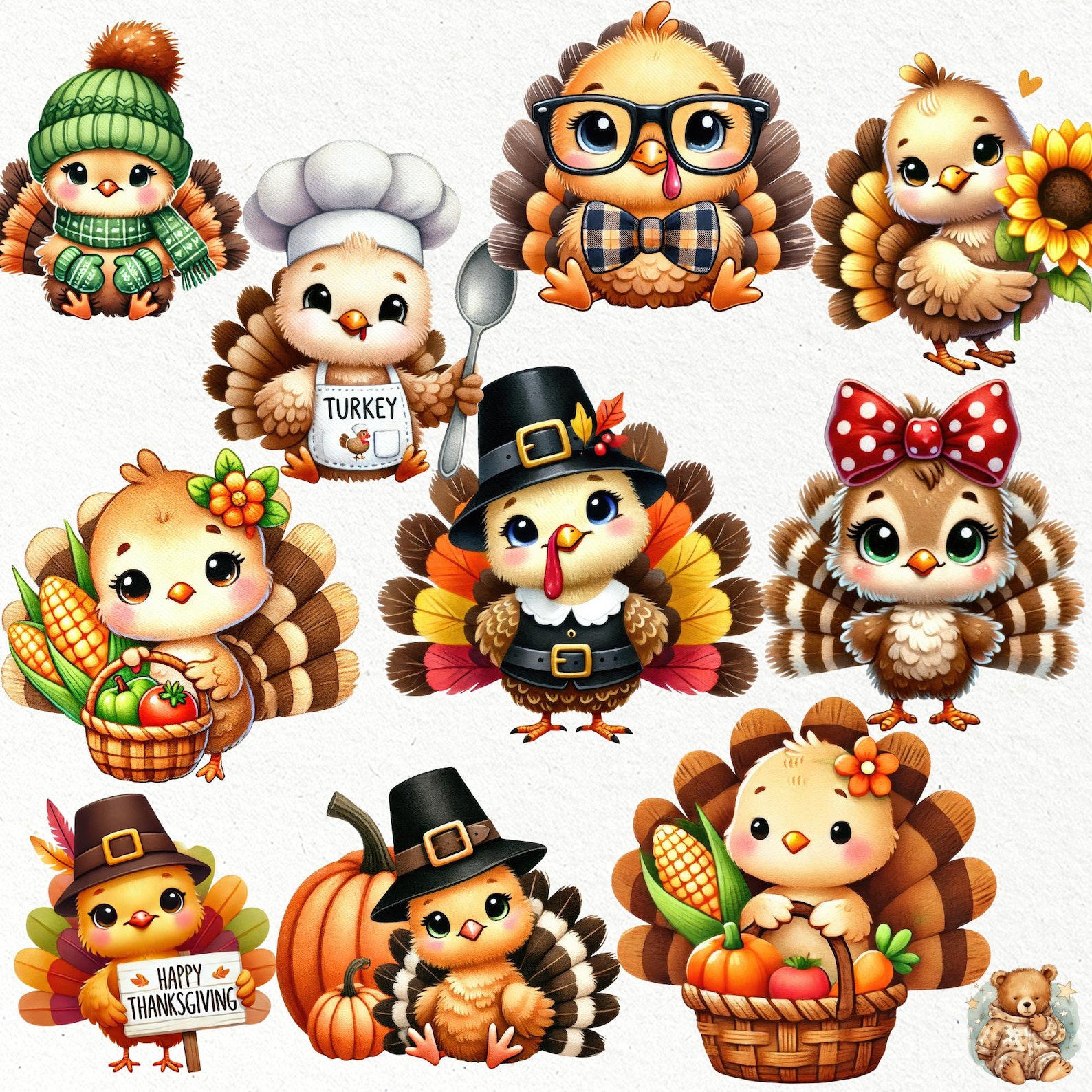 Cute Turkey Clipart, Thanksgiving Watercolor Clipart, Autumn Clipart ...