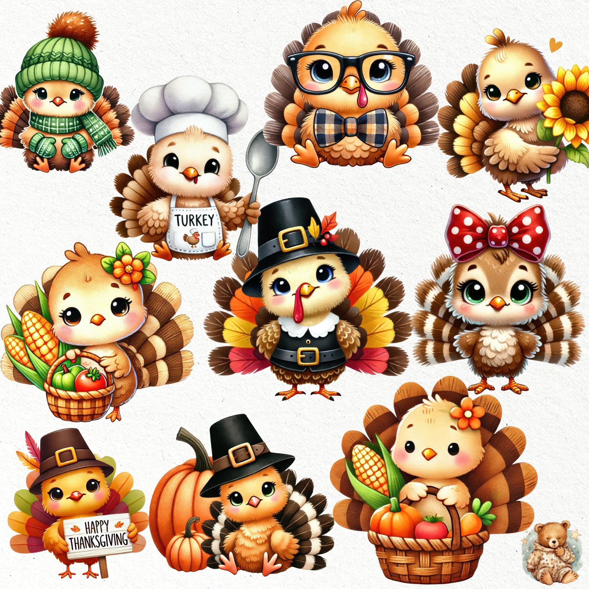 Cute Turkey Clipart, Thanksgiving Watercolor Clipart, Autumn Clipart ...
