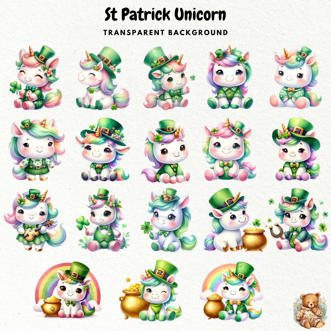St Patrick Unicorn, 36 Cute Unicorn PNG, Unicorn Clipart, St Patrick ...